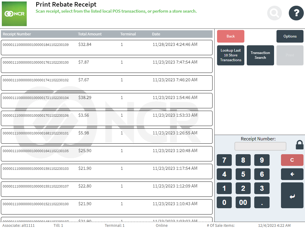 Printing rebate receipts using a receipt number