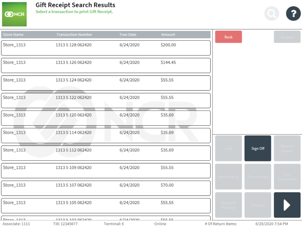 Printing gift receipts using the Transaction Search option