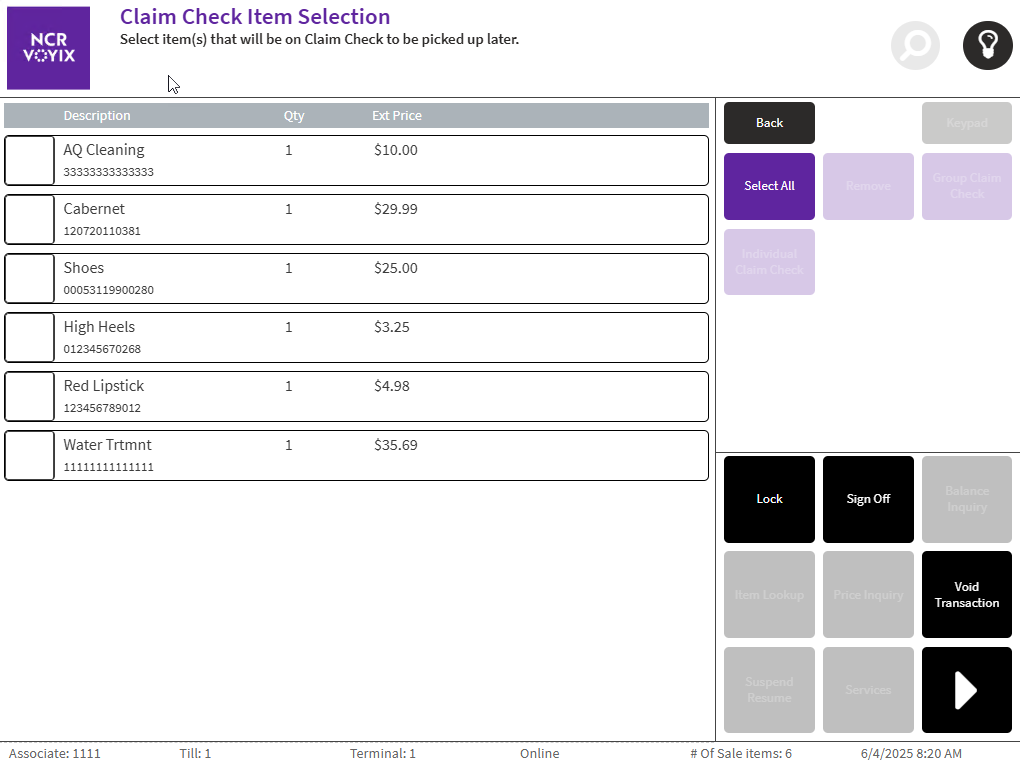 Issuing claim checks during sales