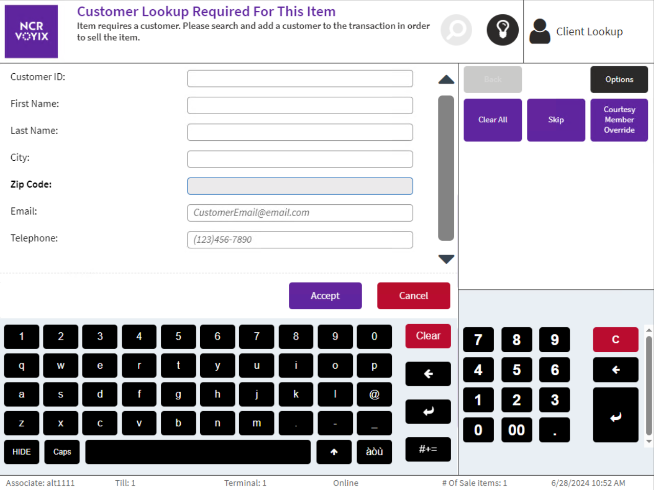 Selling an item that requires customer information
